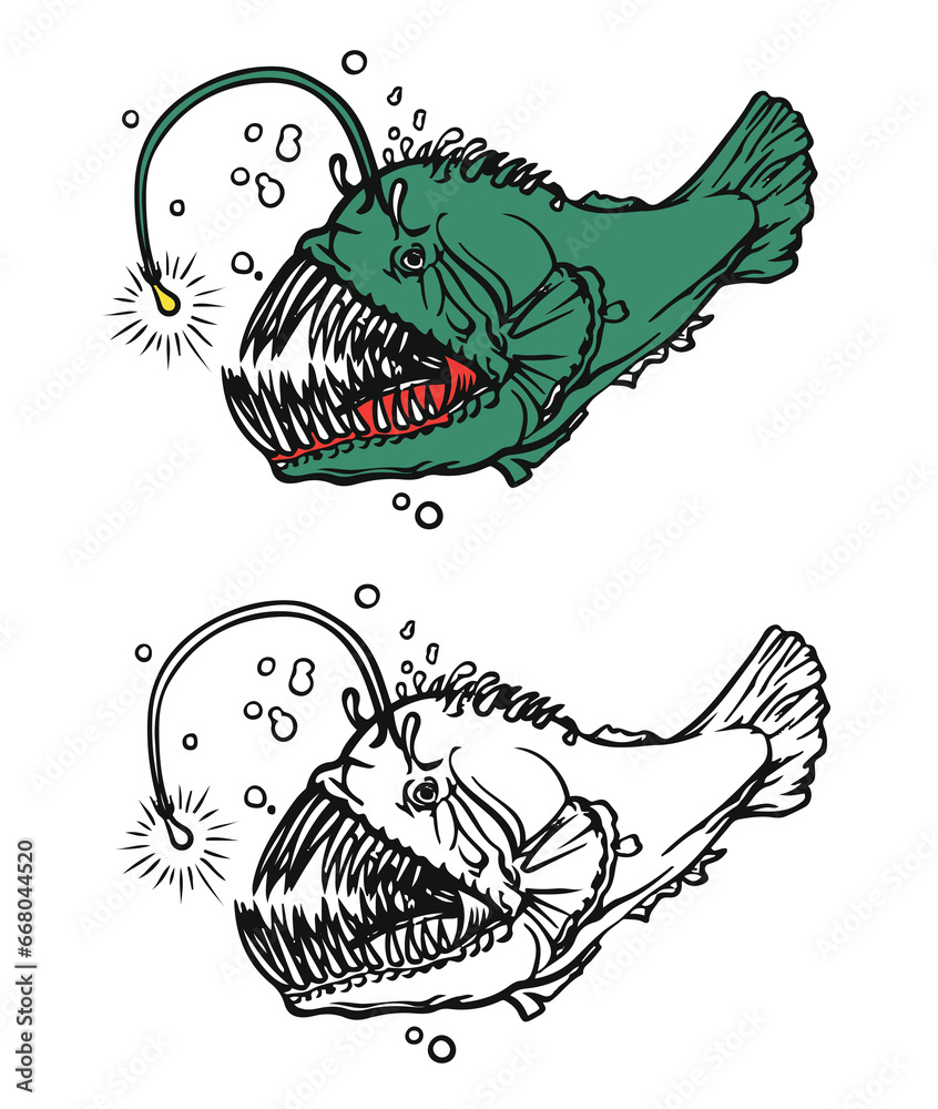 An Angler Fish. Simple design outline style. For coloring book ...