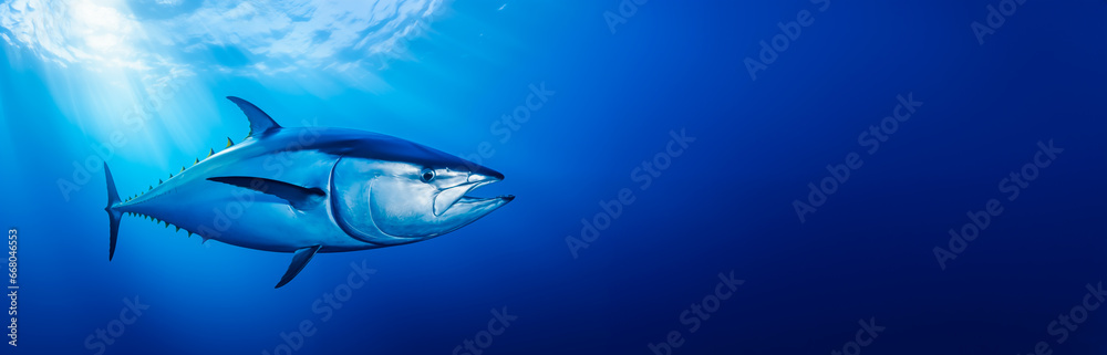 Large Tuna fish swimming in the ocean. Shallow field of view with copy ...
