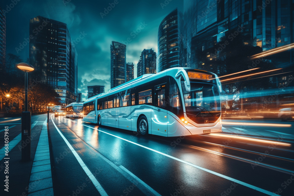 Electric buses move along a busy city street with zero emissions. A ...