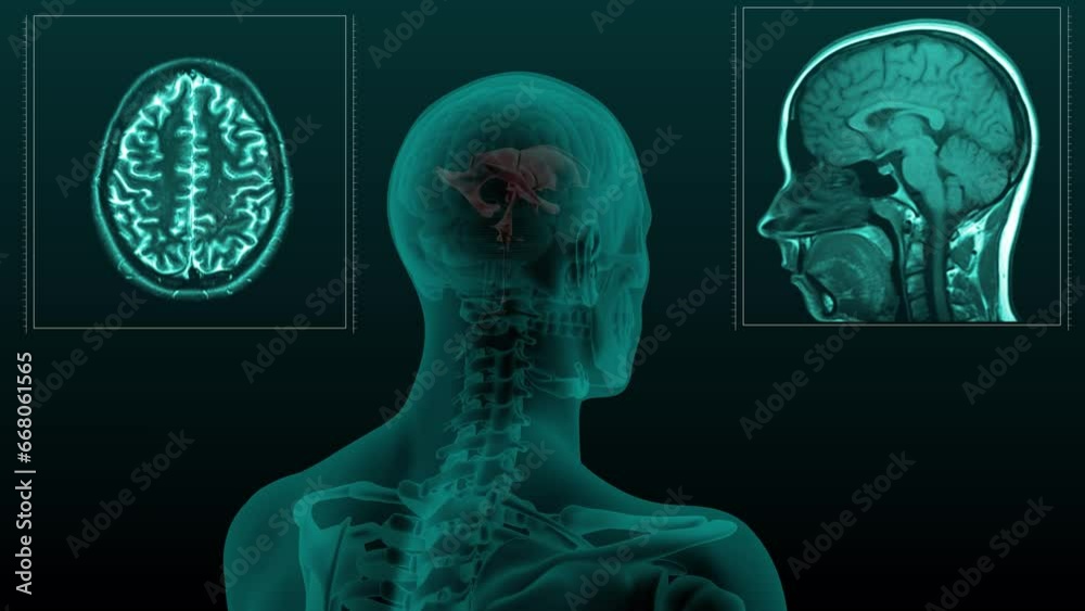 MRI scan of the human head and neck with the skull and Brain ...