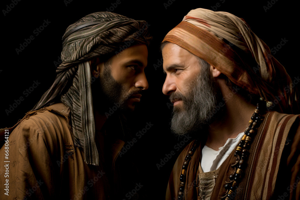 A portrait of an Israeli and a Palestinian looking at each other. The ...