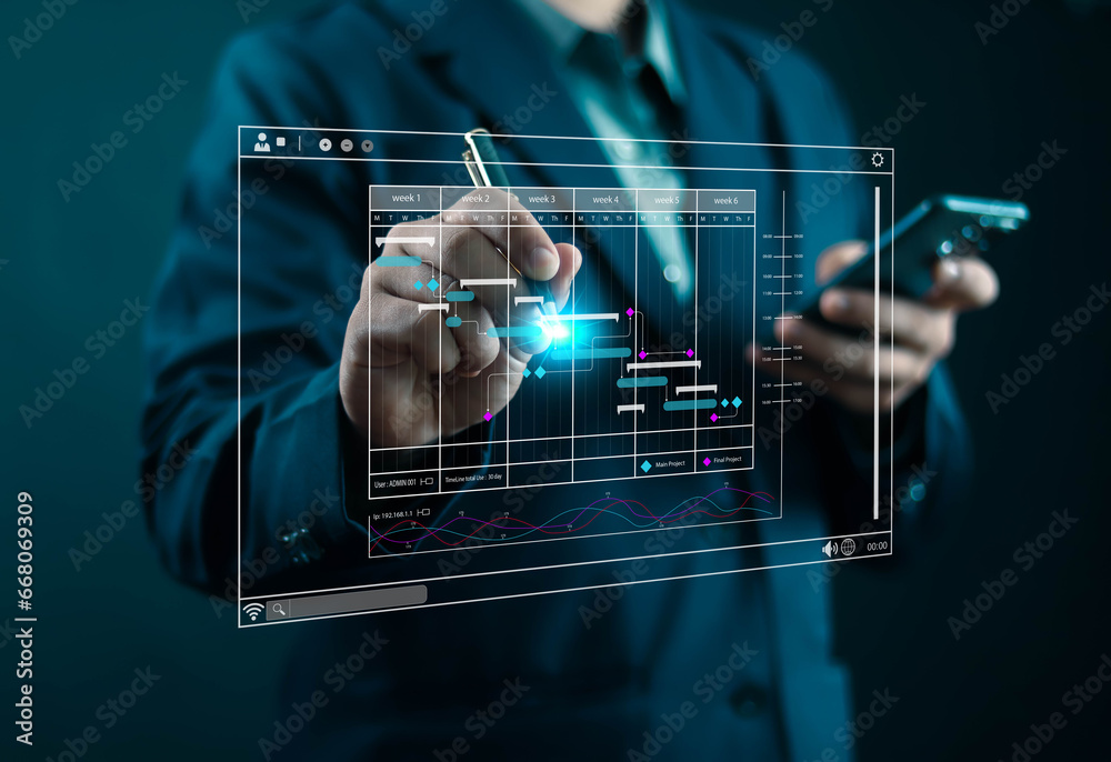 Businessman shows work project plans and updates work by planning ...