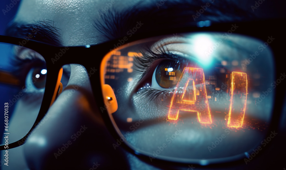 Woman works at computer developing AI Artificial intelligence software ...