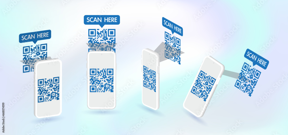 Mobile phone mockup from different angles scanning the QR code through ...