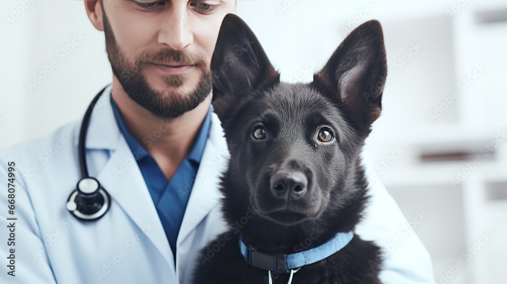 handsome male veterinarian doctor with stethoscope holding cute black ...