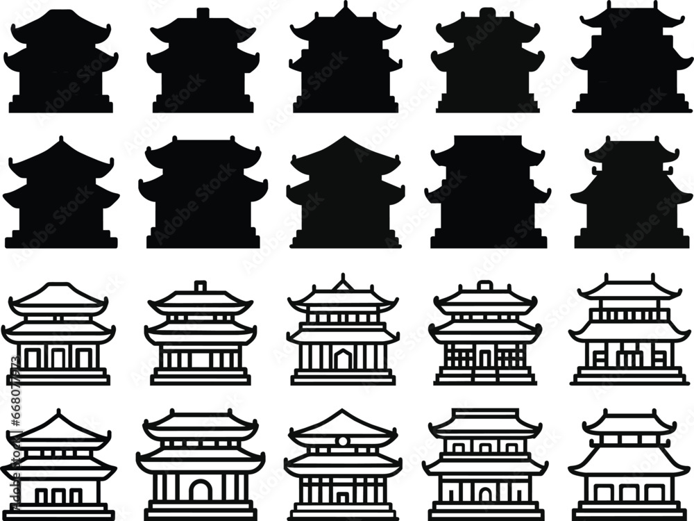 Set of traditional Chinese buildings, houses and pagoda, Chinese ...
