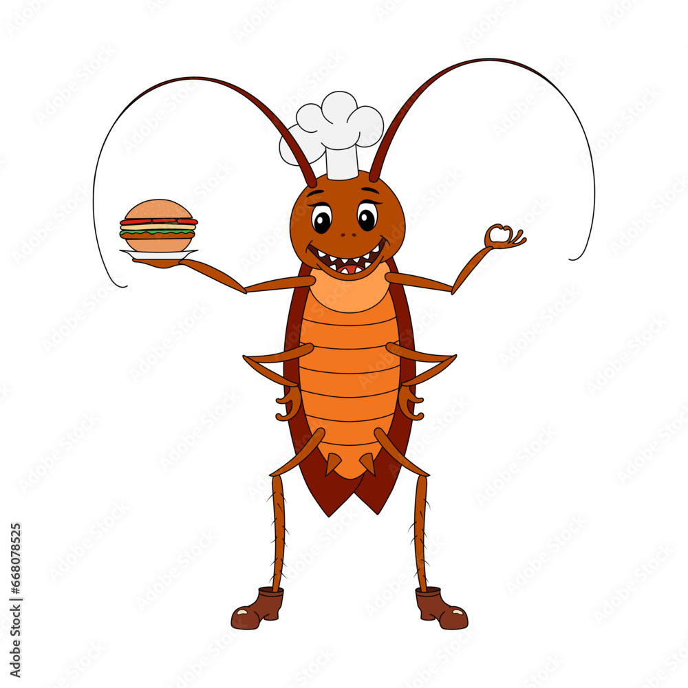 Vector cartoon cockroach with a hamburger in a plate, wearing a chef's ...