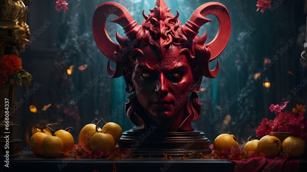 Angry Warrior statue at night. Plaster sculpture mans faces. Human face ...