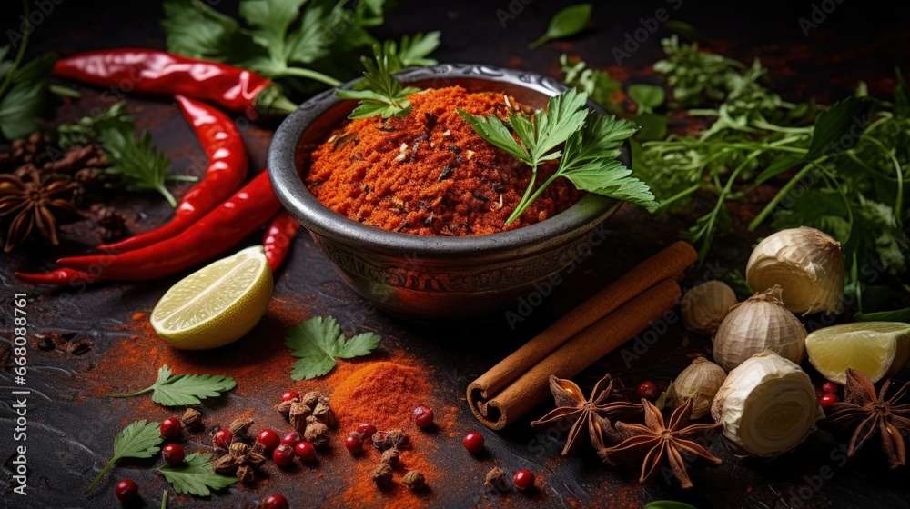Thai Red spicy paste Ingredients for cooking spicy red curry made from ...