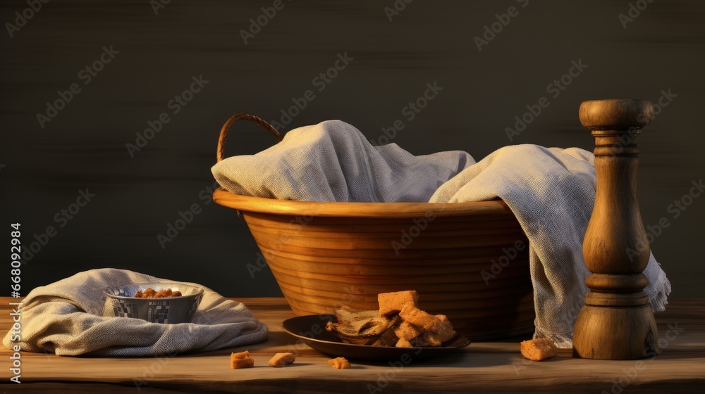 Symbols of foot washing during holy week basin towel and jug Stock ...