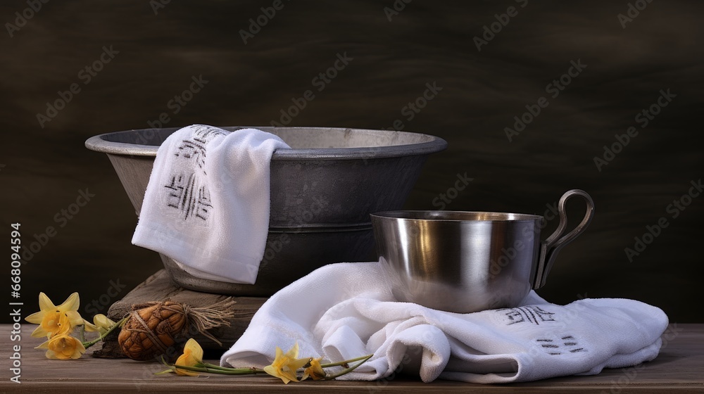 Symbols of foot washing during holy week basin towel and jug Stock ...