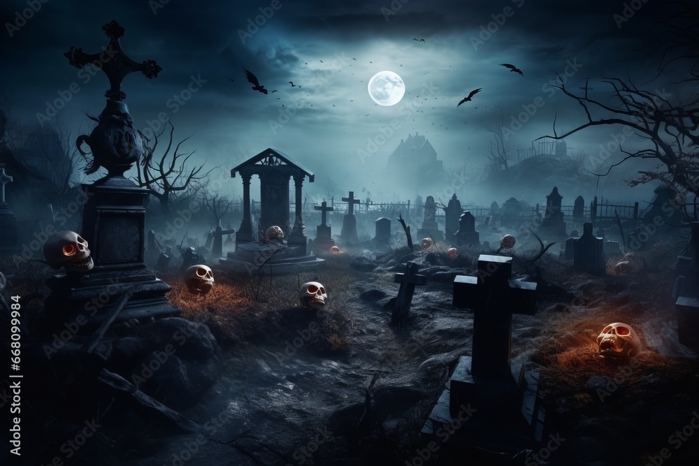 Tomb stones on the graveyard, French village in twilight. Full moon is ...