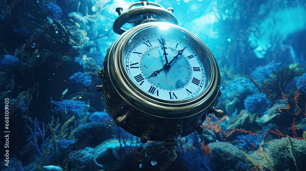 Dystopian clock submerged underwater, scenic scene with an aquatic ...