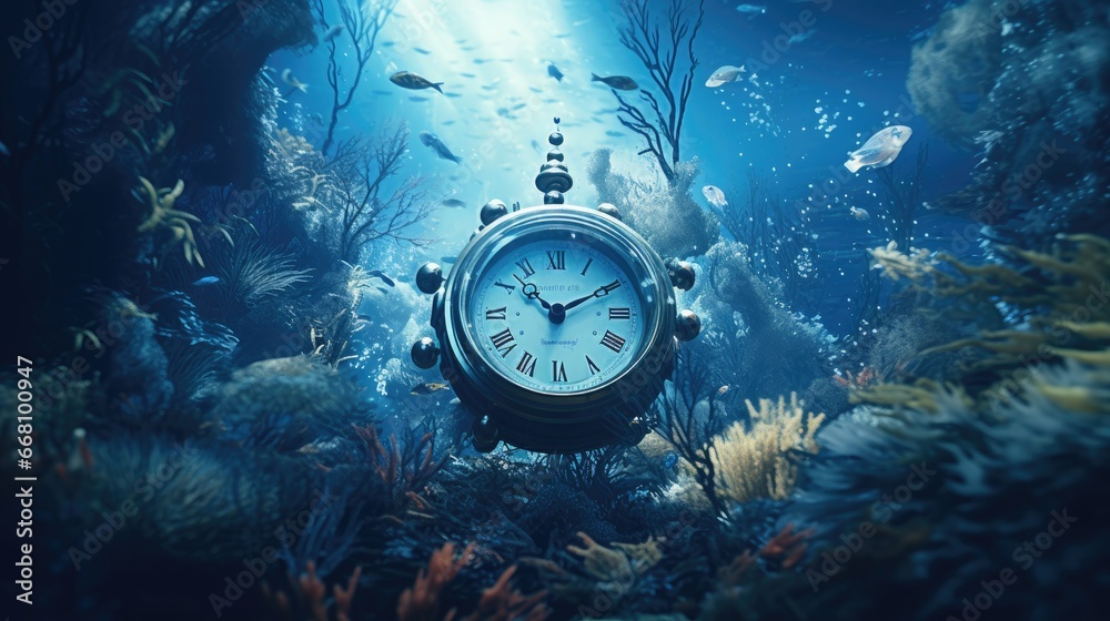 Dystopian clock submerged underwater, scenic scene with an aquatic ...