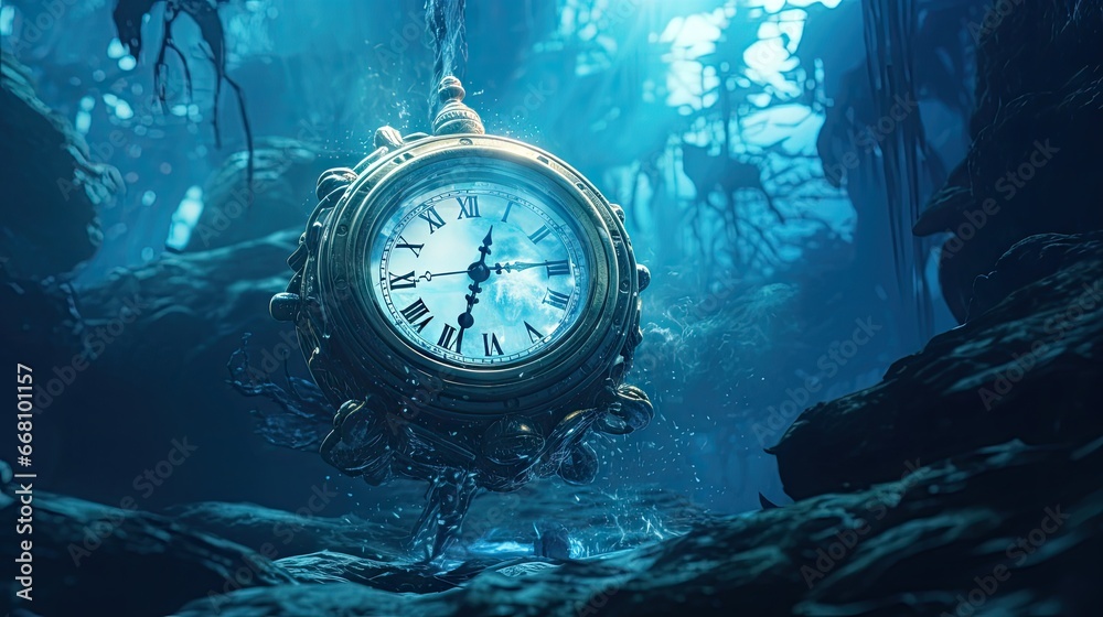 Dystopian clock submerged underwater, scenic scene with an aquatic ...