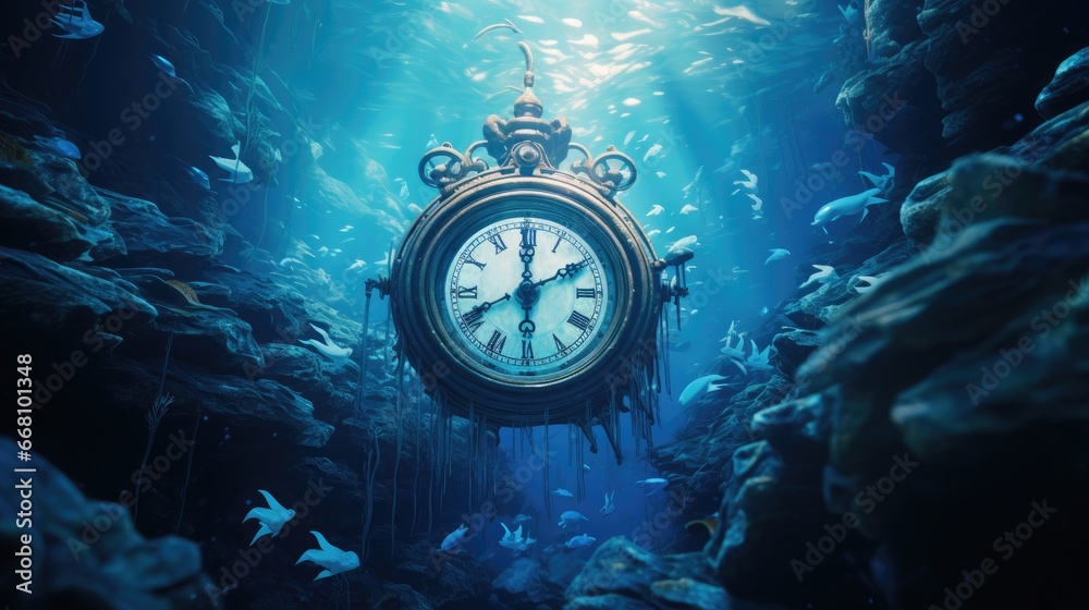 Dystopian clock submerged underwater, scenic scene with an aquatic ...