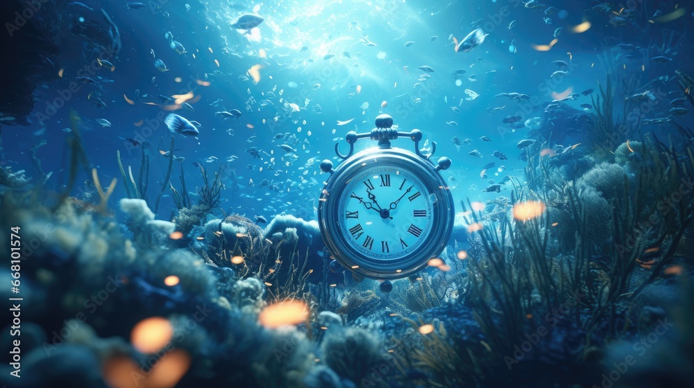 Dystopian clock submerged underwater, scenic scene with an aquatic ...