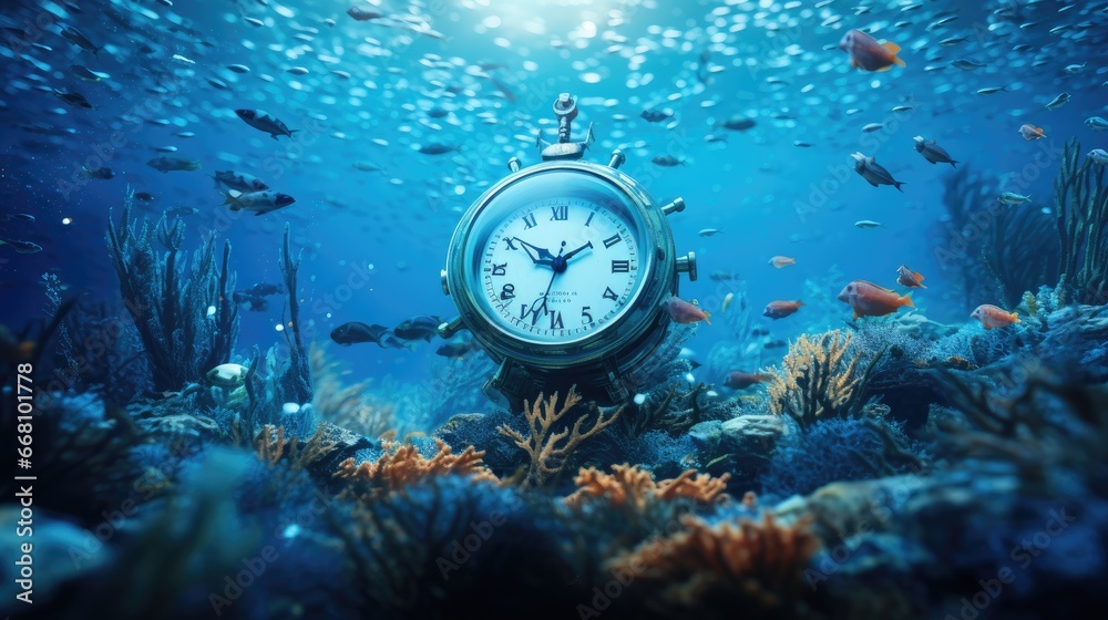 Dystopian clock submerged underwater, scenic scene with an aquatic ...