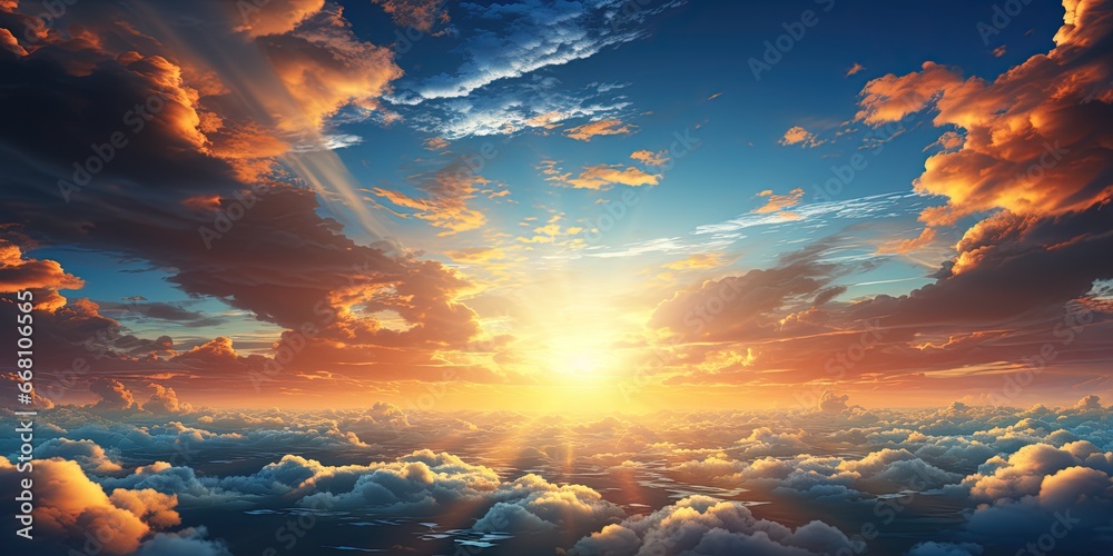 Blue sky with clouds at sunset. Sun rays through the clouds. Beautiful ...