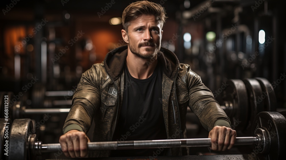 Barbell bench press. A young athlete on a simulator in a supine ...