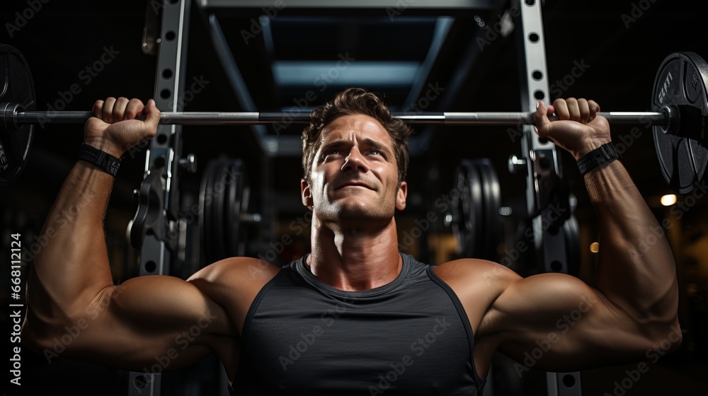 Barbell bench press. A young athlete on a simulator in a supine ...