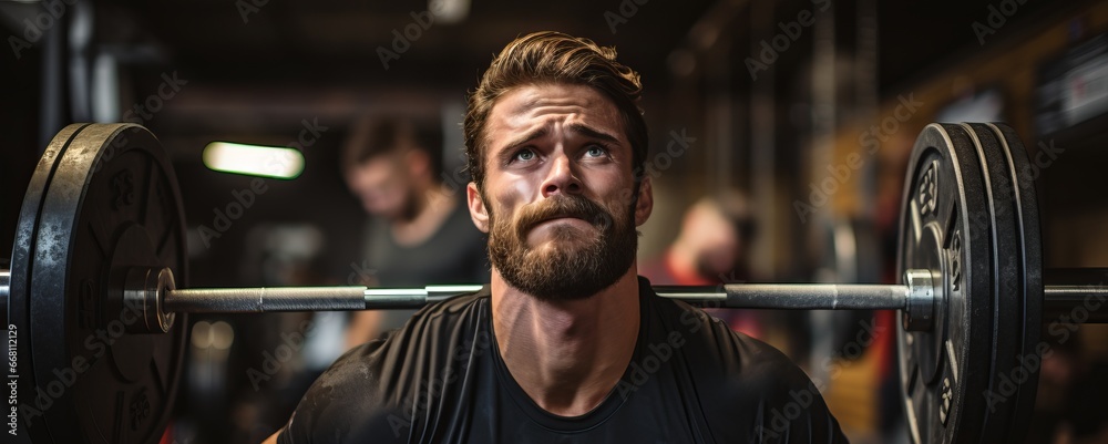 Barbell bench press. A young athlete on a simulator in a supine ...