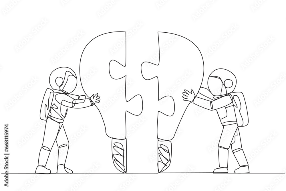 Single continuous line drawing two astronauts pushing two lightbulb-shaped puzzle pieces ...