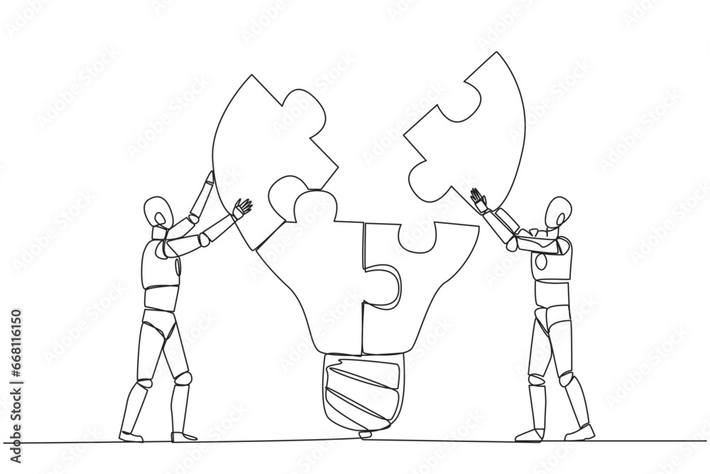 Single continuous line drawing two robots work in teams to complete a ...