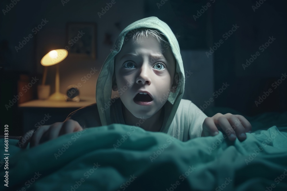 Scared child alone in bed. Panicked little boy with frightened terror ...