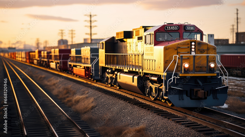 Freight Train Departure: Locomotives Pulling Loaded Cars from a Busy ...