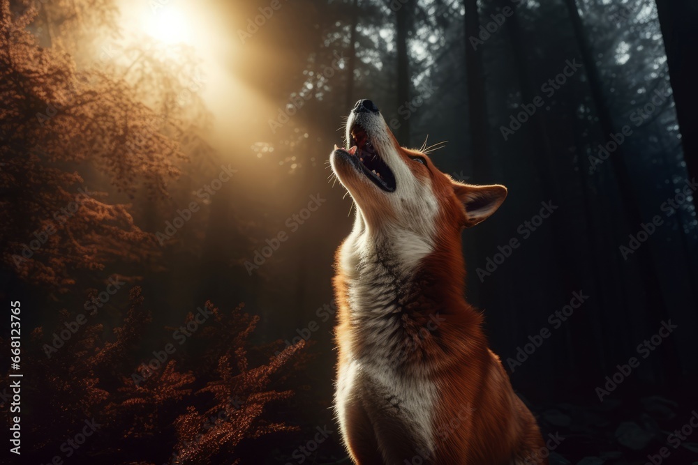 Dog fox howling in dark forest. Wildlife animal predator with raised ...