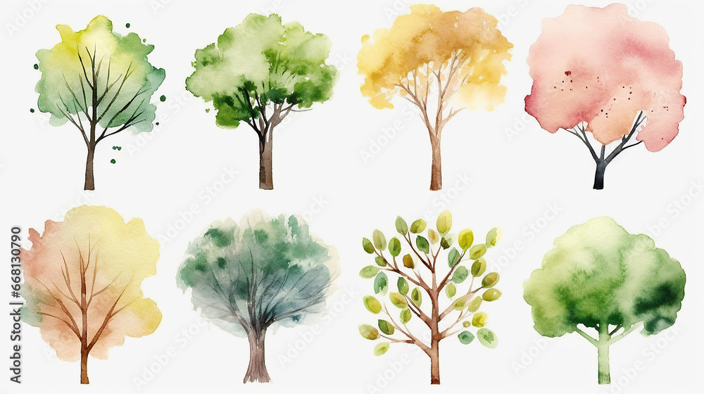 Tree set collection watercolor clipart cute isolated on white ...