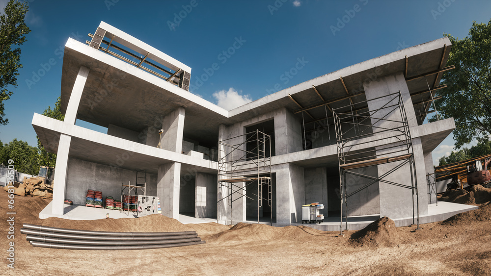 The process of construction a private house. Construction of a modern ...