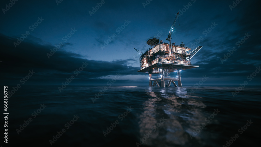 Oil rig platform at the sea. Oil rig at night. Offshore drilling rig ...