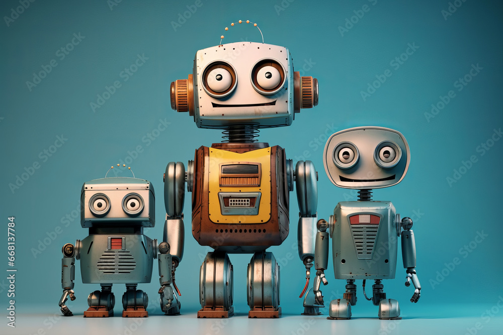 Cartoon old-fashioned robots standing together against a blue plain ...