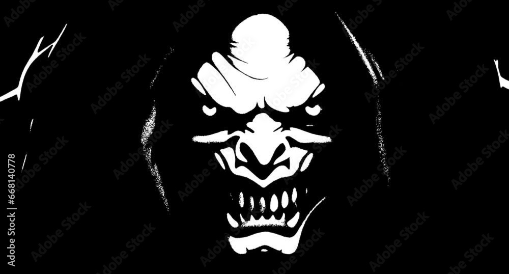 Scary demon face in the hood from nightmares. Looped animation in genre ...
