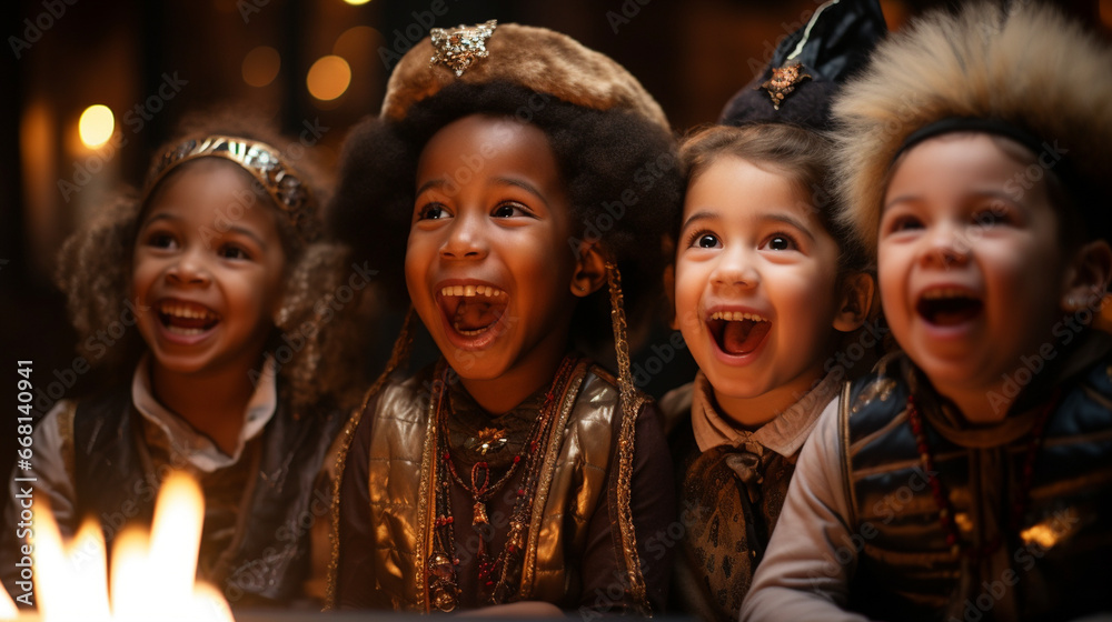 A group of children singing Sinterklaas songs by a cozy fireplace ...