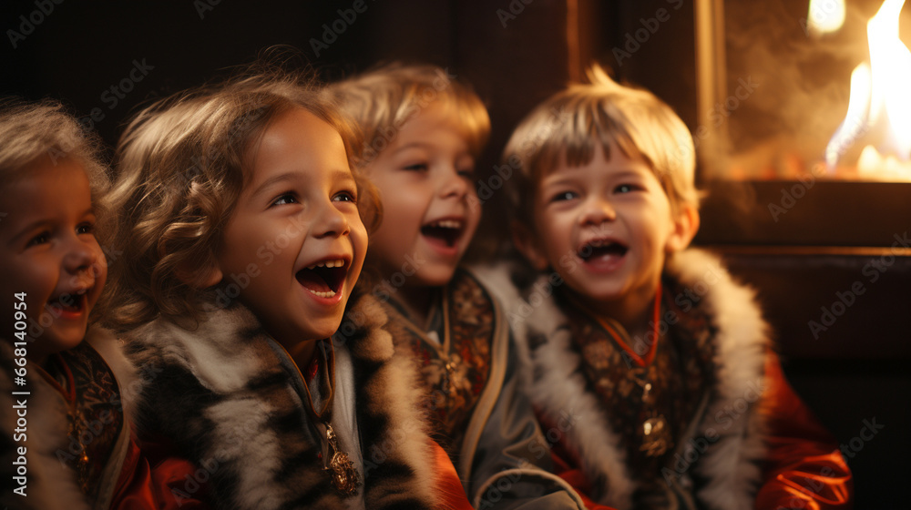 A group of children singing Sinterklaas songs by a cozy fireplace ...