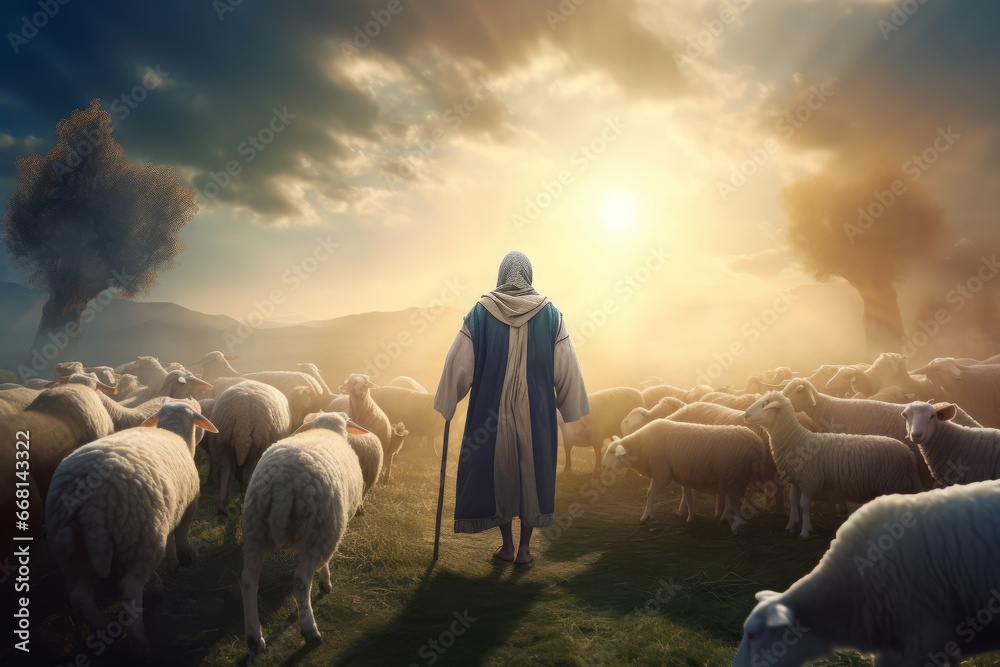 Shepherd guiding sheep. Man silhouette nature landscape. Generate Ai ...