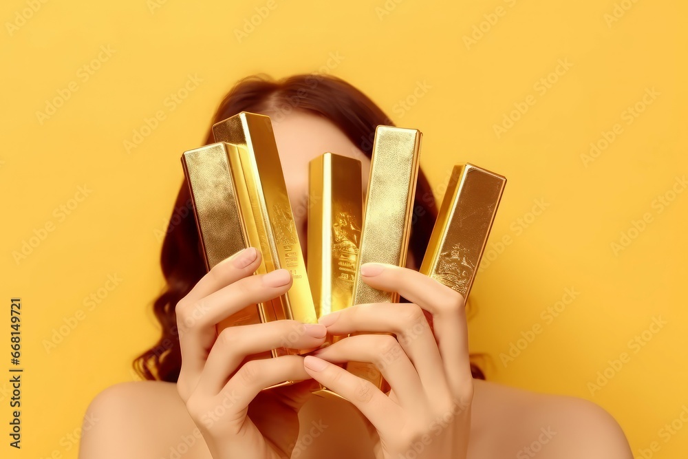 Woman holding many shiny gold bars. Bank reserve pure rich shiny. Generate Ai Stock Photo ...