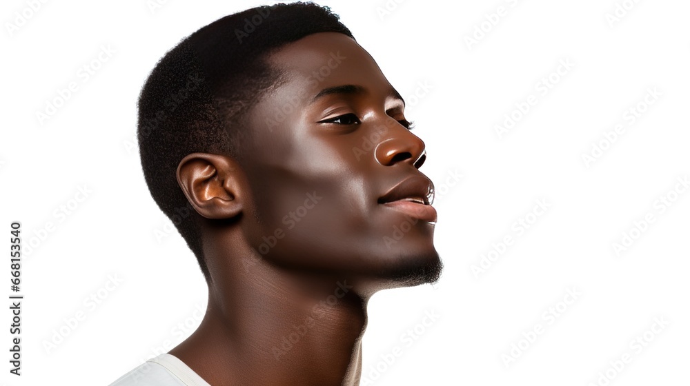 Portrait black man with flawless and glowing melanin skin, side view, Afro American male model ...