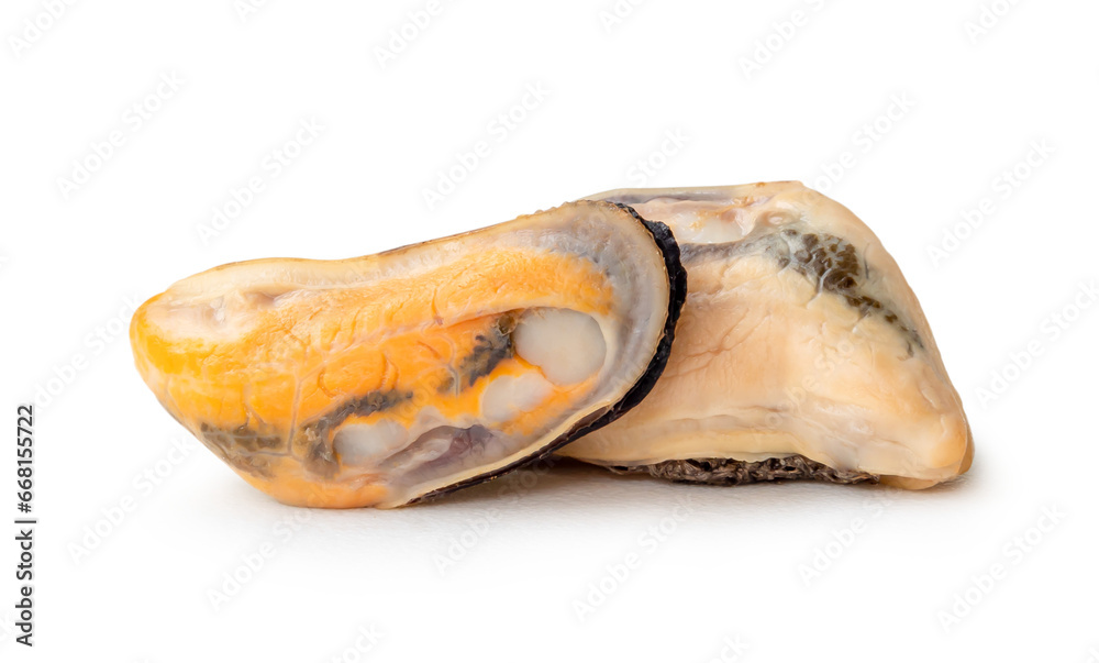 Steamed or cooked food of fresh beautiful green mussels meat in stack ...