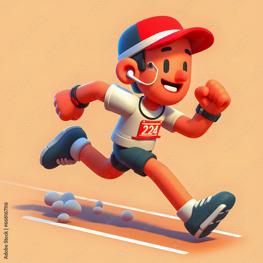 cartoon character running on a track with a number plate on his head ...