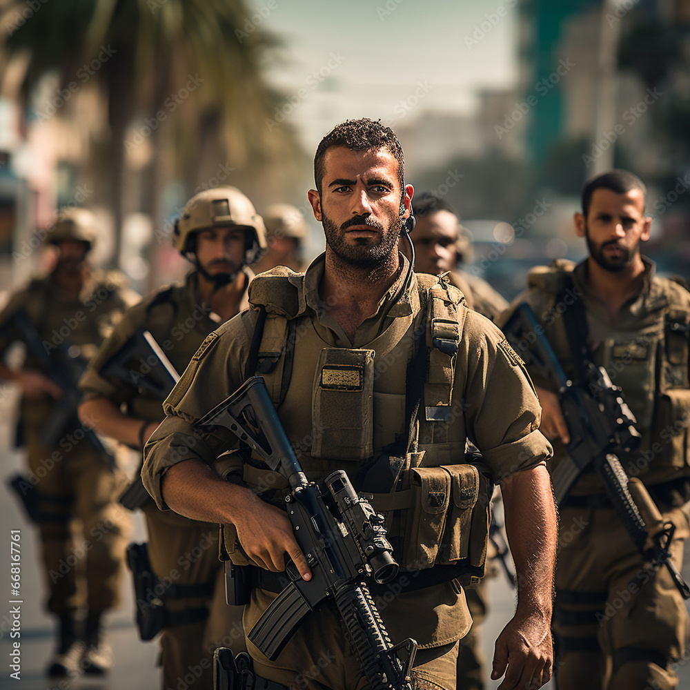 Israeli army soldiers in full armor. War Palestine and Israel. Stock ...