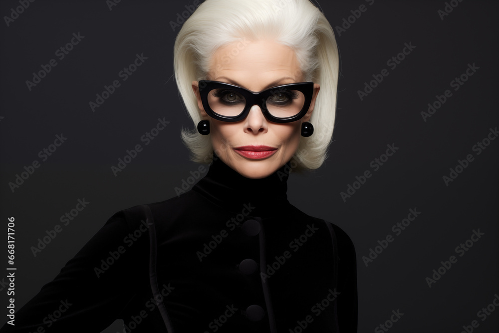 wealthy older woman model in fashion pose wearing heavy black rimmed ...