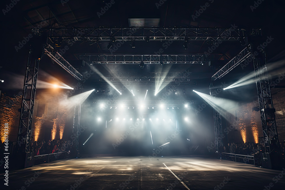 A concert stage with an industrial vibe. Exposed brick walls, metal ...
