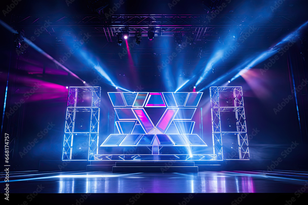 LED panels stage, holographic displays, and sleek metallic structures ...