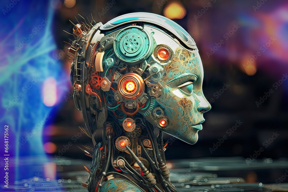 Side View of an Android Robot Head with Gears, Cogs, and Circuits Stock ...