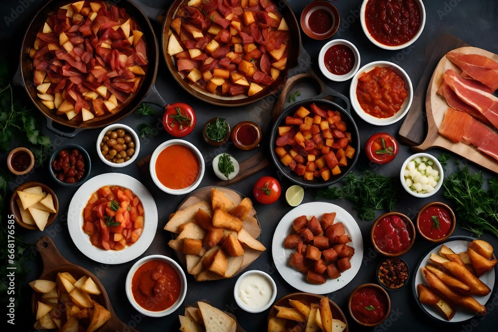 An overhead shot of a traditional tapas spread with various dishes like ...