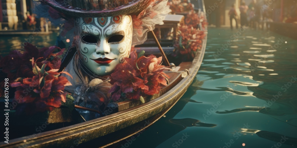 A person wearing a mask is seen in a boat. This image can be used to ...